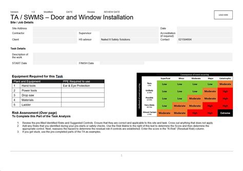 Window And Door Install Task Analysis Jsa Swms Nailedit Safety Docs