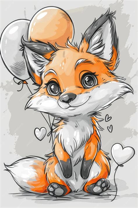Premium Photo A Drawing Of A Cute Fox With Balloons