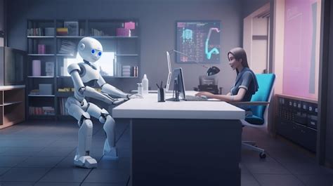 Premium Photo A Robot Sits At A Desk With A Woman In A Room That Says