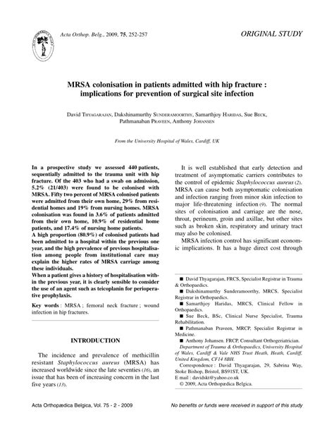 Pdf Mrsa Colonisation In Patients Admitted With Hip Fracture