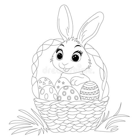 Coloring Page With Bunny Basket And Easter Eggs Near The Grass Springtime And Holiday