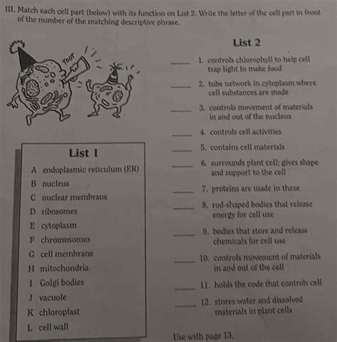 Solved III Match Each Cell Part Below With Its Function On List Write The Letter Of The