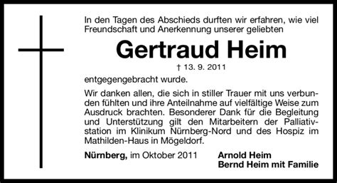 Traueranzeigen Von Gertraud Heim Trauer Nn De