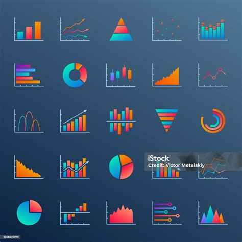 차트 그래프 및 다이어그램 아이콘 집합입니다 비즈니스 보고서 통계 데이터 분석 금융 시장 설계 요소 Ui 앱 및 웹 사이트 그래픽 벡터 그림입니다 0명에 대한 스톡 벡터