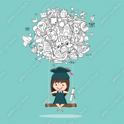 Girl Graduated Pupils Swinging On A Back Of School Drawing By Hand