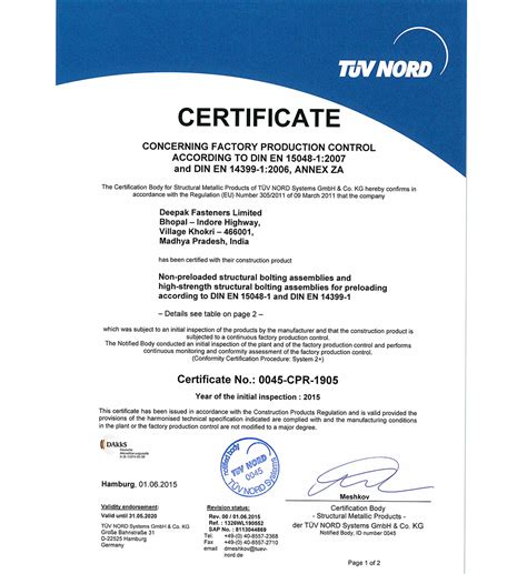 Deepak Fasteners Limited Certifications