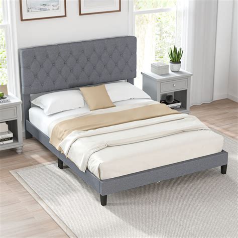 Queen Size Upholstered Platform Bed With Tufted Headboard Costway