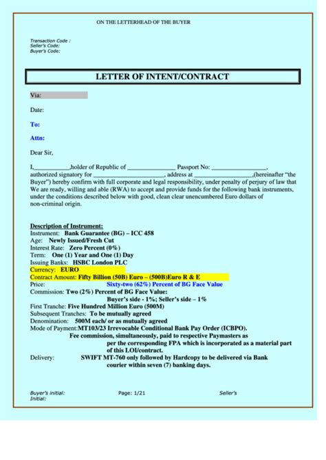 Letter Of Intent Contract Printable Pdf Download