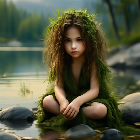 A Cute Little Marsh Kikimora Sits On A Pebble By The Lake And Draws A