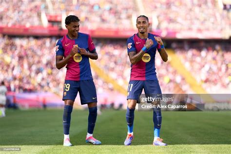 Raphinha Of Fc Barcelona Celebrates With His Teammate Lamine Yamal