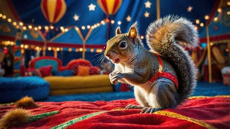 Adorable Circus Squirrel Posing On Red Velvet Stock Illustration