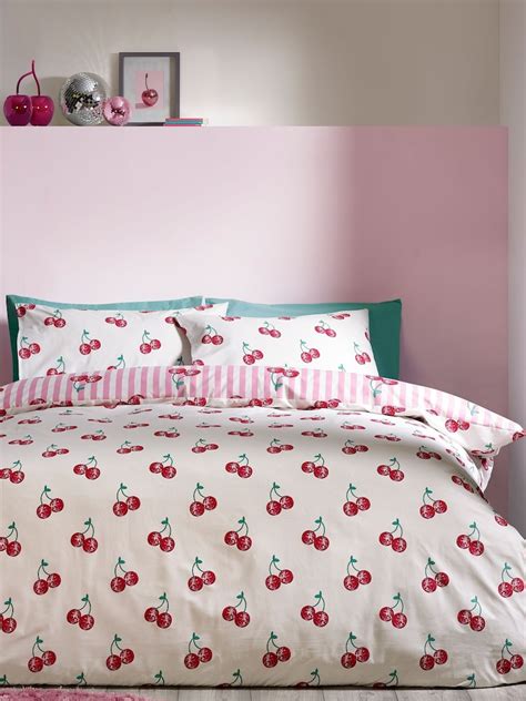 Buy Catherine Lansfield Pink Disco Cherries Stripes Reversible Duvet