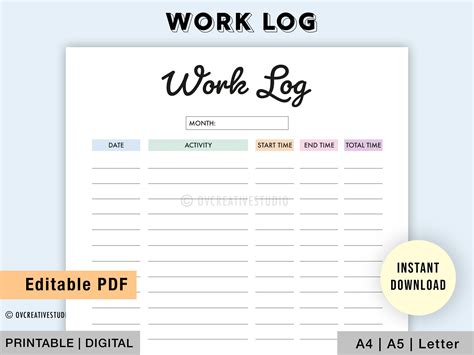 Editable Work Log Printable Time Log Activity Tracker Etsy UK