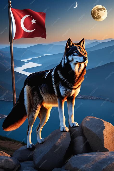 A Wolf On A Flag With A Flag In The Background Premium Ai Generated Image