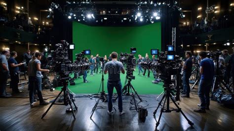A Bustling Film Studio With Multiple Cameras And Crew Preparing A