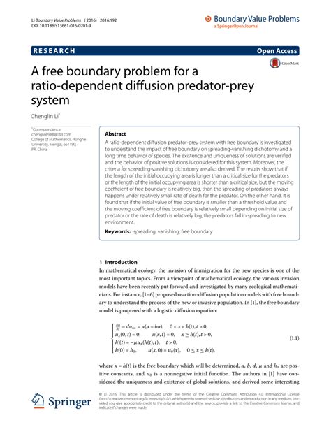 Pdf A Free Boundary Problem For A Ratio Dependent Diffusion Predator Prey System