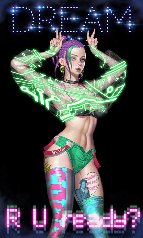 Rule 34 Belly Belly Button Bra Braided Hair Cybernetics Cyberpunk Earings Green Hair Kyuyong