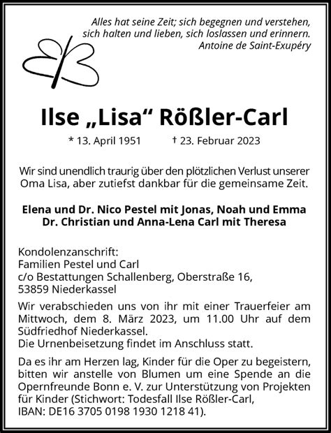 Traueranzeigen Von Ilse Rößler Carl Ga Trauer De