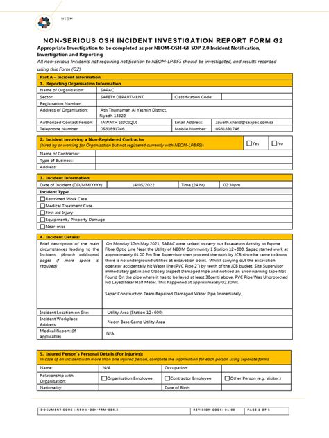 Neom Osh Gf Form G2 Non Serious Osh Incident Investigation Report Rev