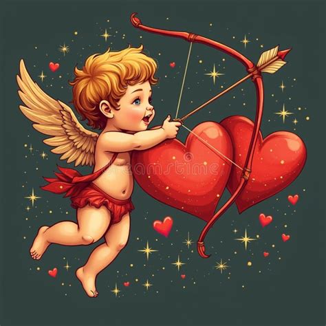 Cupid With A Bow And Two Hearts A Valentine S Day Illustration Stock Illustration