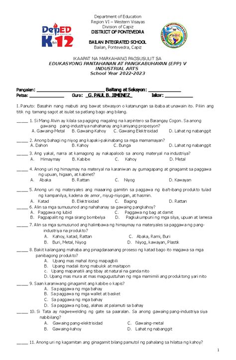 Ikaapat Na Markahan Sa Epp 5 Sining Pang Industriya Industrial Arts