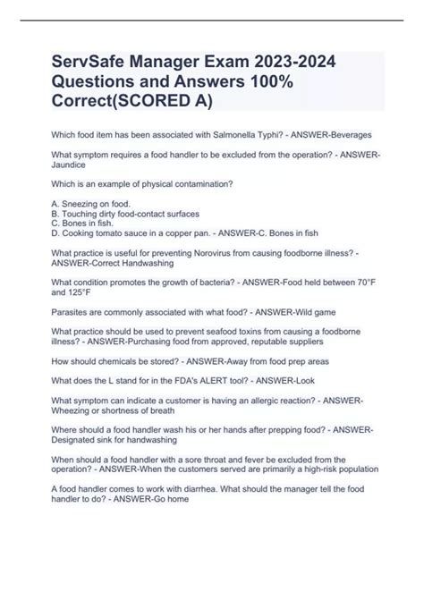 Servsafe Manager Exam Questions And Answers 100 Correct Scored A Servsafe Stuvia Us