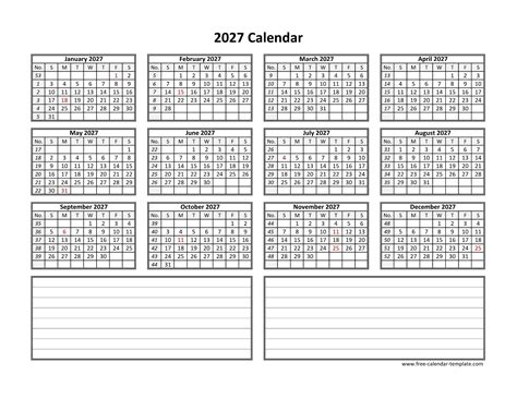 Printable Yearly Calendar 2027 Free Calendar