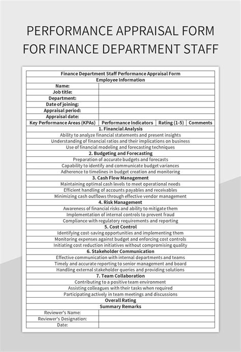 Performance Appraisal Form For Finance Department Staff Excel Template