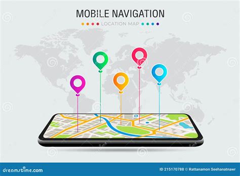 Vector Illustration Of Smartphone With Mobile Navigation App On Screen Route Map With Symbols