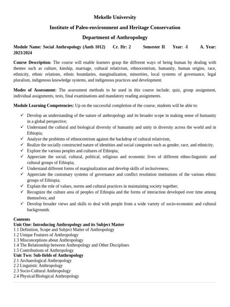 Course Outline Anth Module Pdf Anthropology Ethnicity