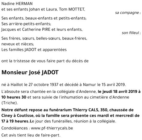 Avis De Décès De José Jadot Décédé Le 15042019 à Namur Annonce