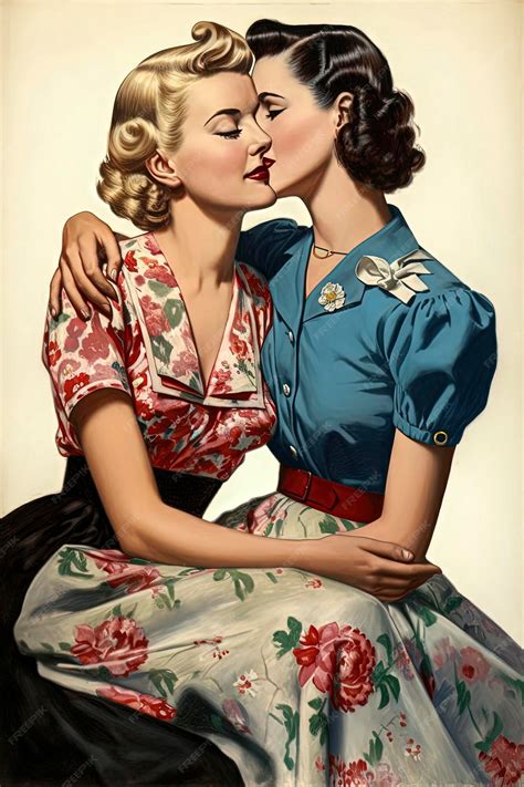 Premium Ai Image Generative Ai Illustration Of Happy Caucasian Lesbian Couple In Love In 1950s