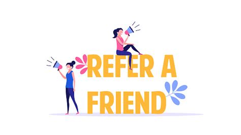 친구 벡터 일러스트 레이 션 개념을 참조 하십시오 젊은 남자와 여자의 그룹은 돈과 선물에 대 한 고객을 끈다 친구를 위한 추천 프로그램 및 소셜 미디어 마케팅 경영자에 대한