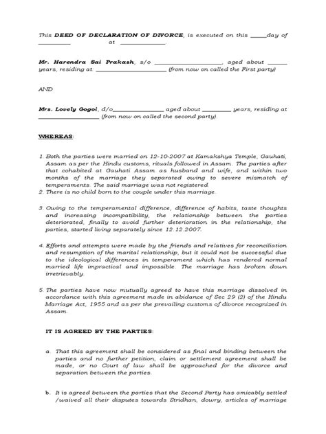 This Deed Of Declaration Of Divorce Pdf Marriage Divorce