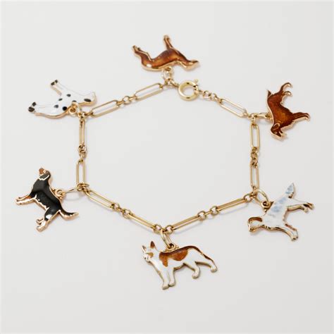 Vintage 14 Karat Yellow Gold And Enamel Dog Motif Charm Bracelet For