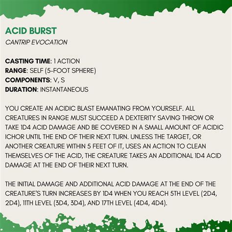Acid Burst Cantrip Evocation A Caustic Burn To Anyone That Gets Too Close Runearthedarcana