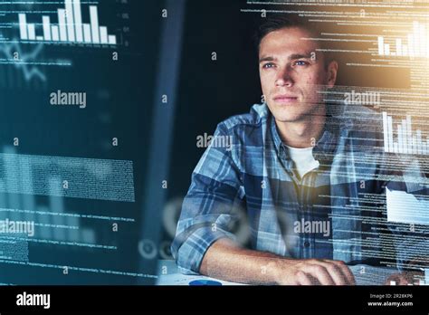 Code Hologram And Man With Cloud Programming Or Database With Charts Graphs Or Cyber Security