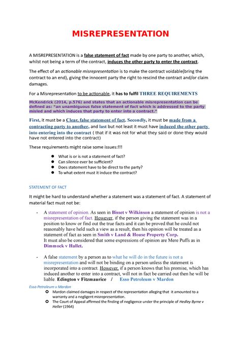 Misrepresentation Contract Law Revision Misrepresentation A