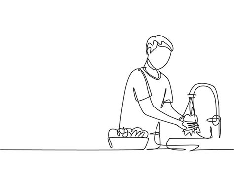 Premium Vector Single Continuous Line Drawing A Man Washes Fruits In