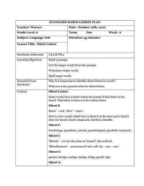 Standard Based Lesson Plan At Lois Horning Blog