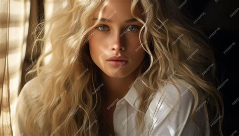 Premium Photo One Beautiful Woman With Long Blond Hair Looking At