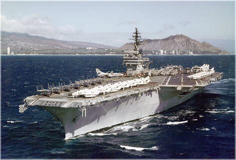 Uss Constellation Cva 64 With Diamond Head And Honolulu Astern She