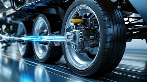 Electric Car Chassis Detail During Road Test With Visible Energy Flow