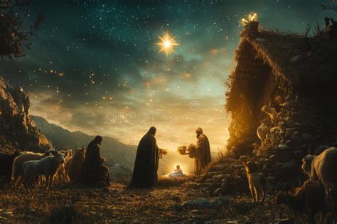Peaceful Nativity Scene Depicting The Birth Of Jesus Under A Starry Sky