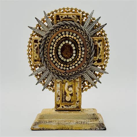 Standing Cast Iron Assemblage Cross With Vintage Mexican Sacred Heart Of Jesus Medallion And