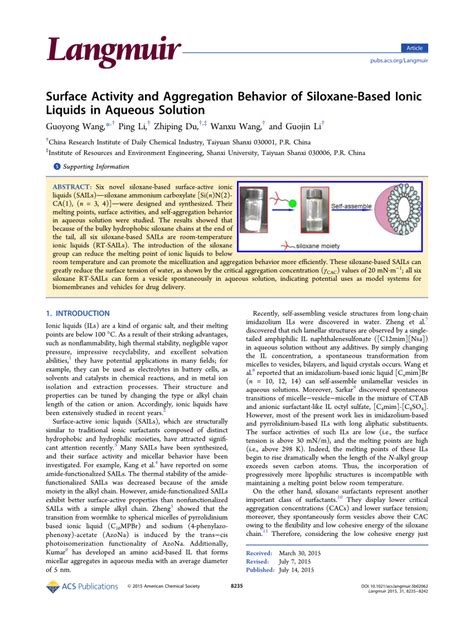 Pdf Surface Activity And Aggregation Behavior Of Siloxane Based Ionic Liquids In Aqueous Solution
