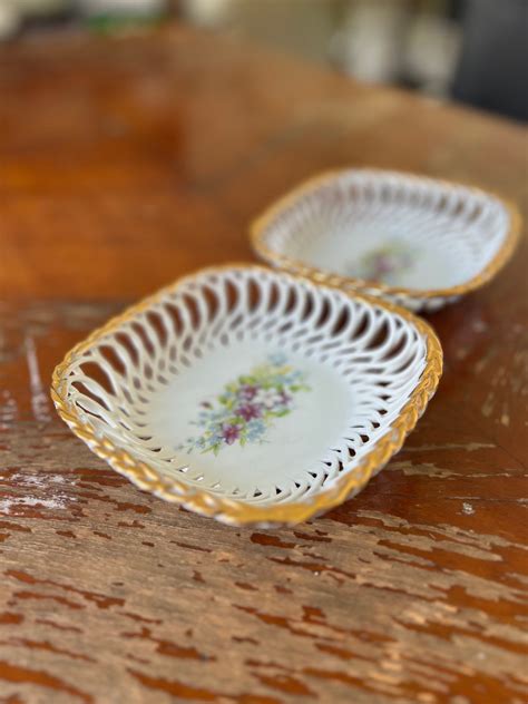 Vintage Romanian Porcelain Candy Dish Heart Dish Basket Weave Romanian