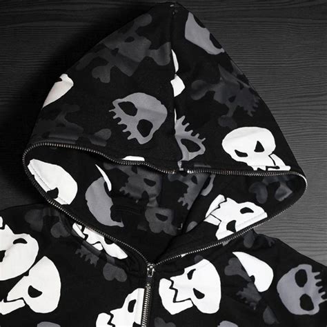 Black And Grey Skull Zip Up Hoodie Goth Emo Depop