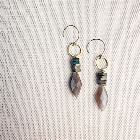 Moonstone And Pyrite Gold Dangle Earrings Elegant Artisan Jewelry