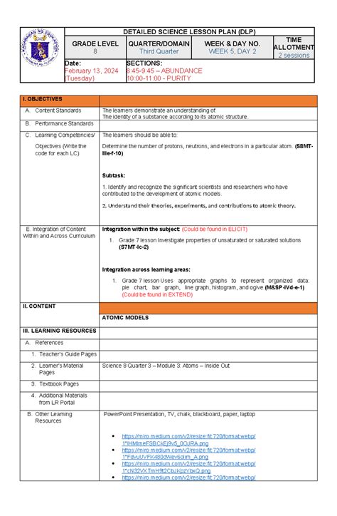 Atomic Model And Theories Detailed Science Lesson Plan Dlp Grade